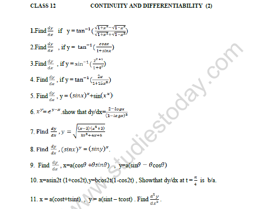CBSE Class 12 Mathematics Continuity And Differentiability Worksheet Set B